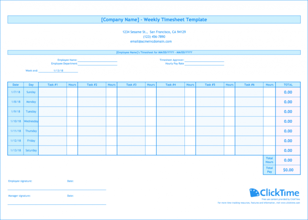 Weekly Timesheet Template | Free Excel Timesheets | Clicktime ...